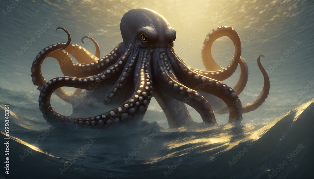 Kraken in the middle of the ocean, Mythic creature 3d render with volumetric light and cinematic ...
