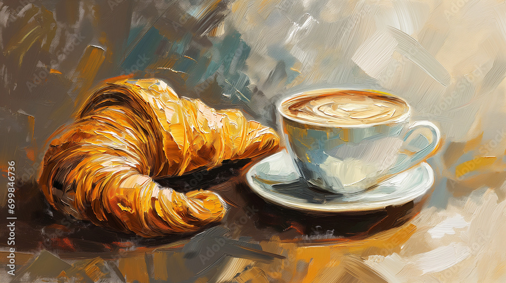 Cup of coffee and croissant oil paint drawing. French breakfast ...