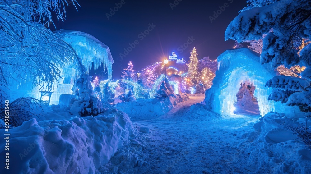 A magical winter wonderland theme park with ice sculptures, snow-themed ...