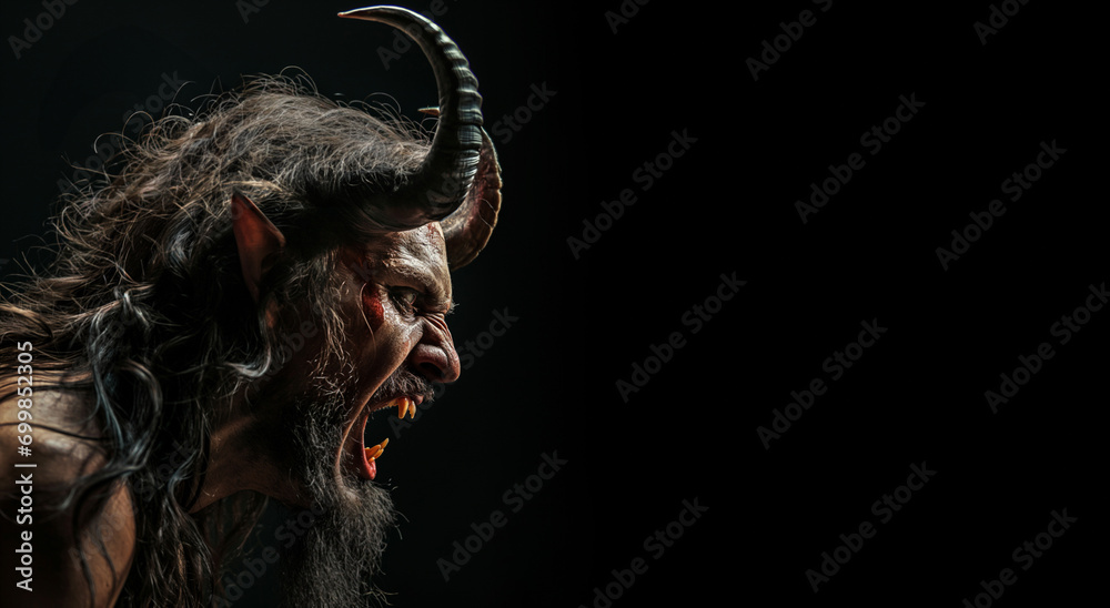 Angry devil profile with copy space for text - black background ...