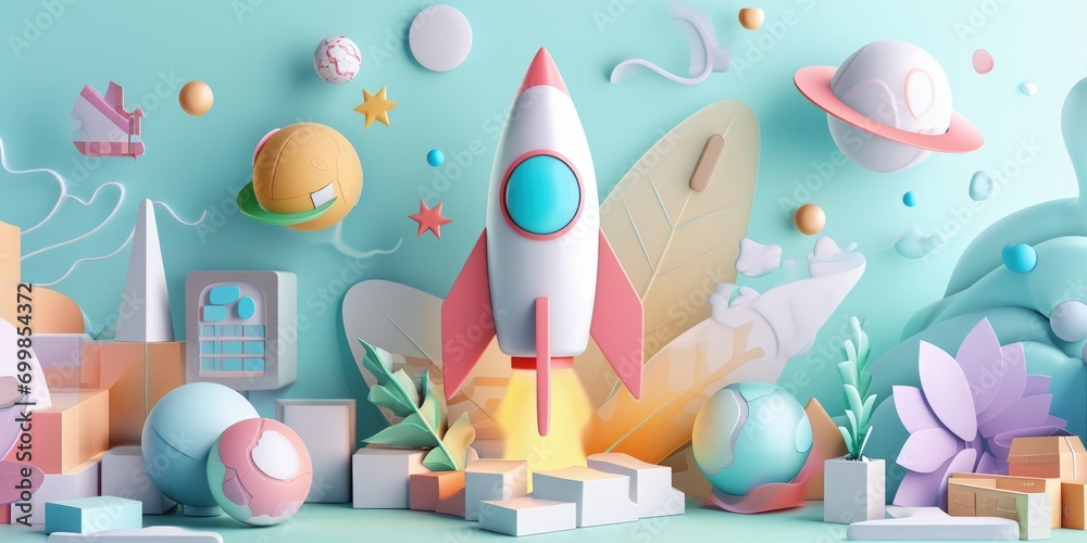 Blue background with cartoon style rocket, business and development ...