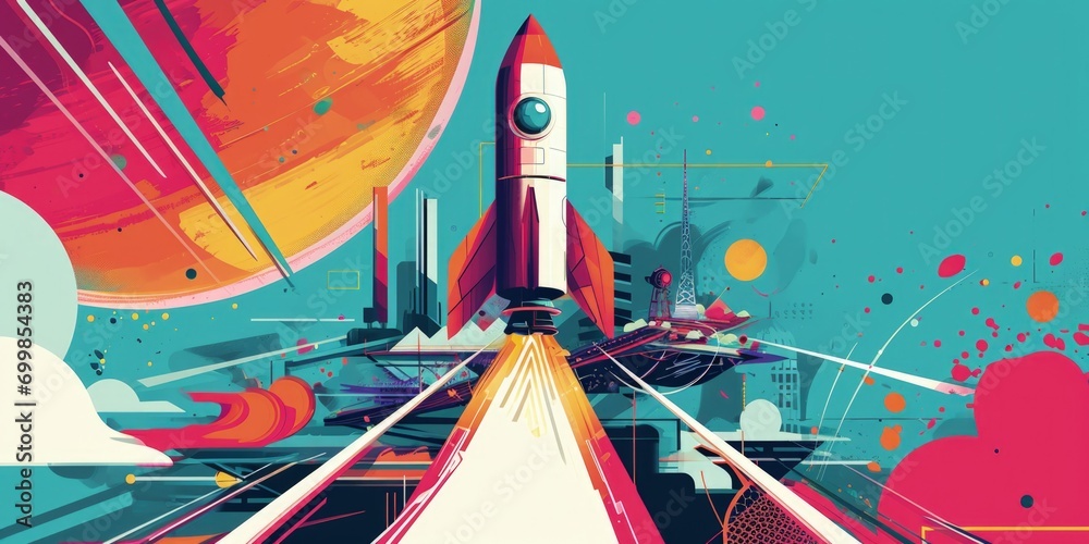 Blue background with cartoon style rocket, business and development ...