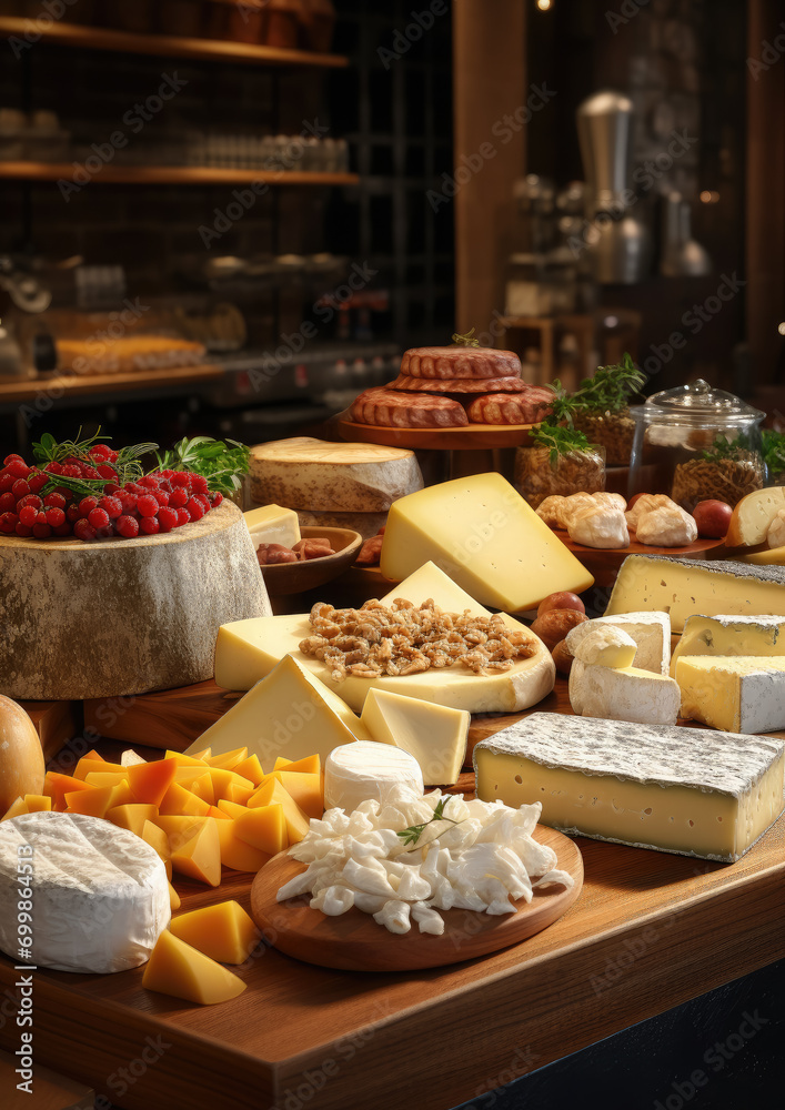 showcase with different cheeses, Maasdam, Camembert, Parmesan, ricotta ...