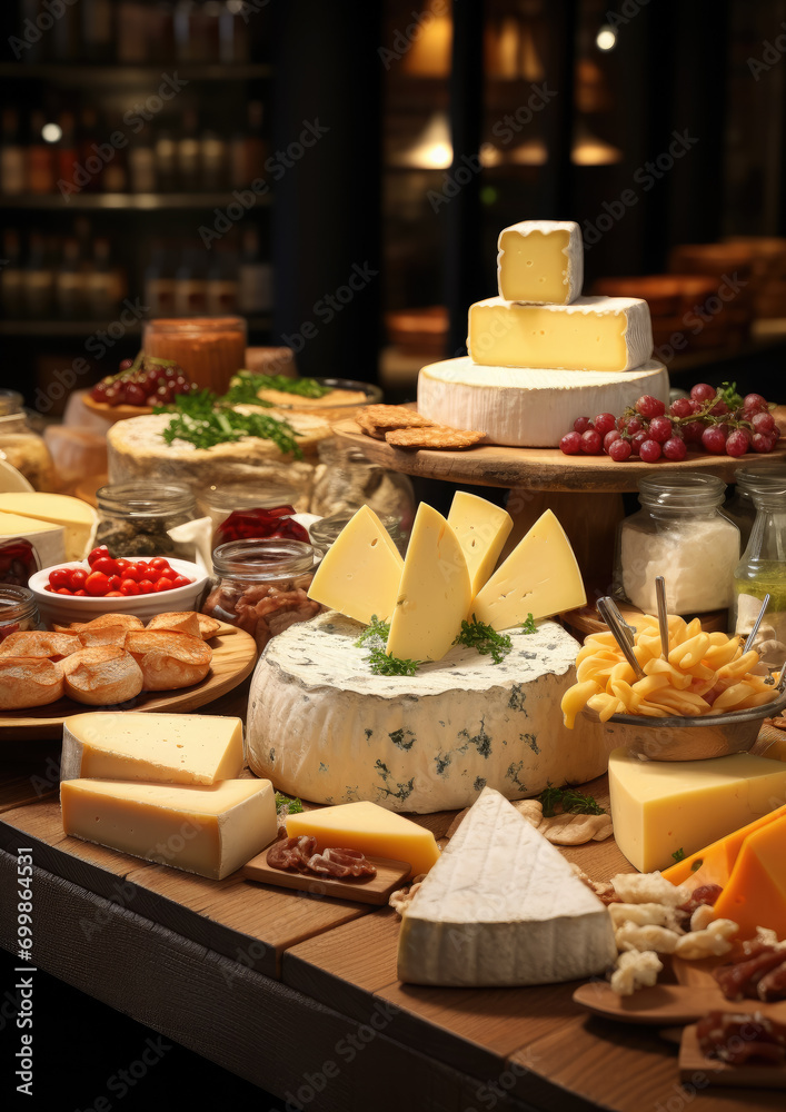 showcase with different cheeses, Maasdam, Camembert, Parmesan, ricotta ...