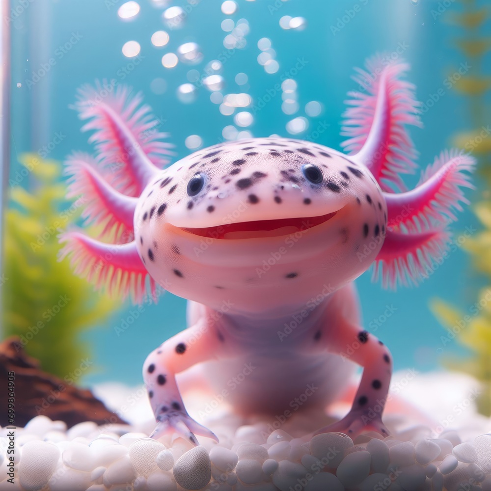 Smiling Axolotl in Aquarium - A charming, high-resolution image of a delightful axolotl grinning ...