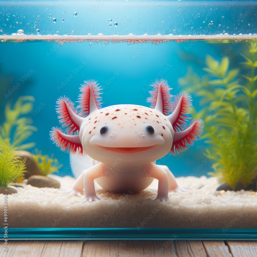 ภาพประกอบสต็อก Smiling Axolotl in Aquarium - A charming, high-resolution image of a delightful ...