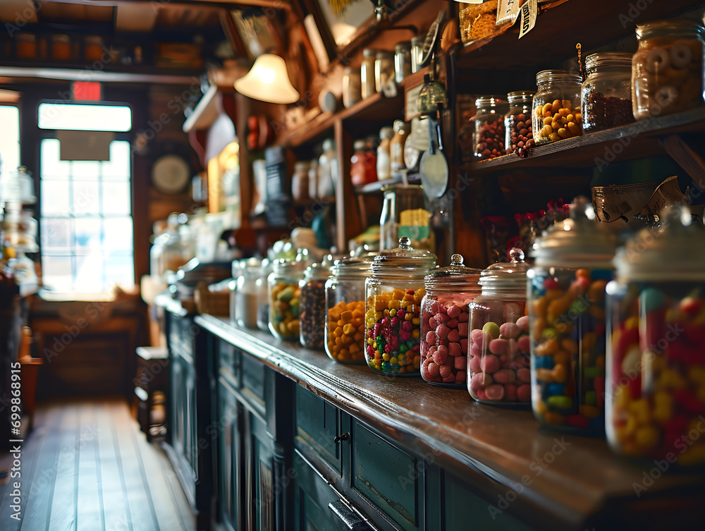 Vintage Sweet Shop Delight: Glass Jars of Colorful Candies in Old ...