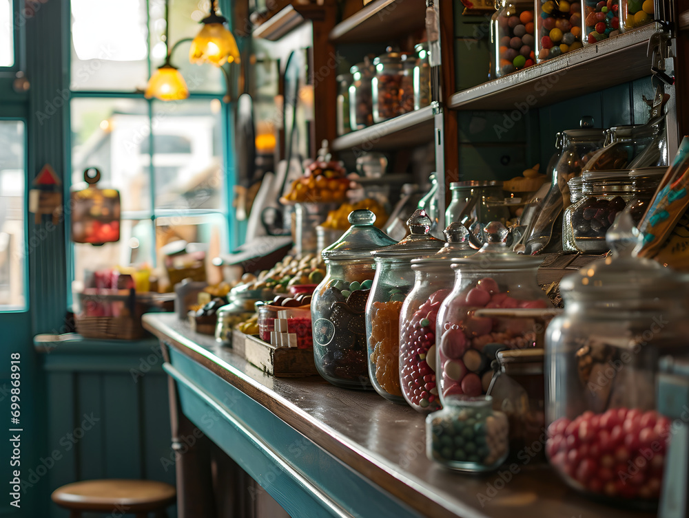 Vintage Candy Shop Display with Assorted Sweets in Glass Jars on Wooden ...