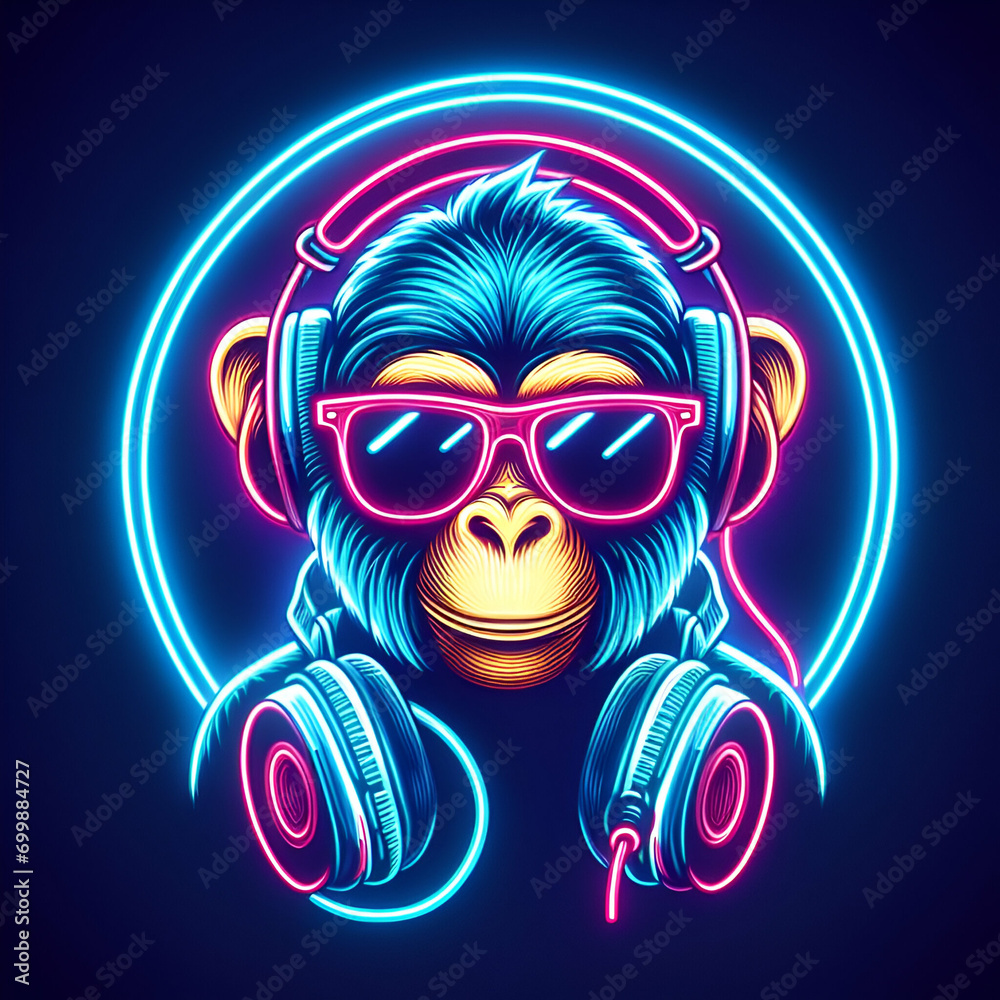 Funny Portrait Cartoon of Cute Cool Bright Neon DJ Cat Party Monkey Ape ...