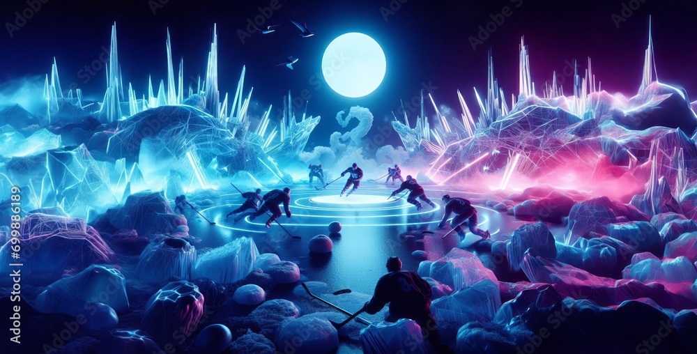 Ice hockey - Battle match between ice and fire in space, digital neon ...