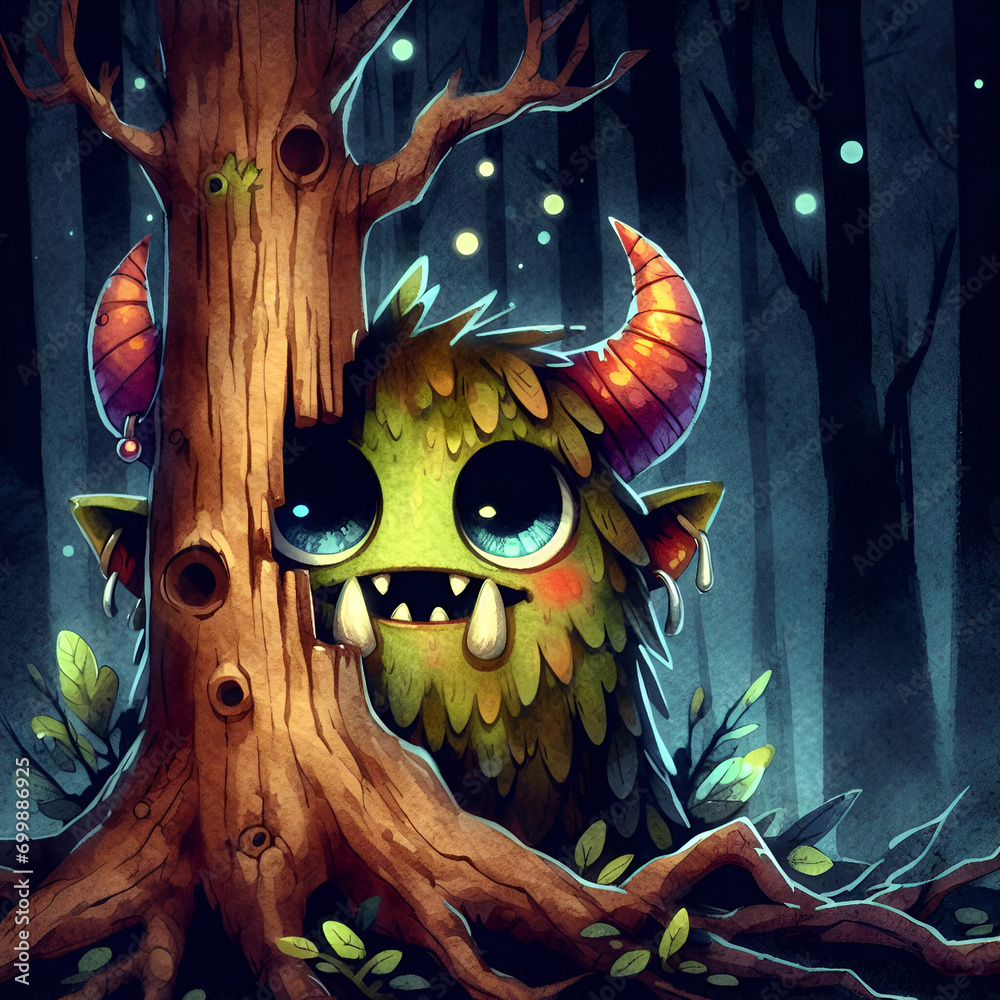 Cute Children's Cartoon Character, Horned Spooky Monster with Big Eyes ...
