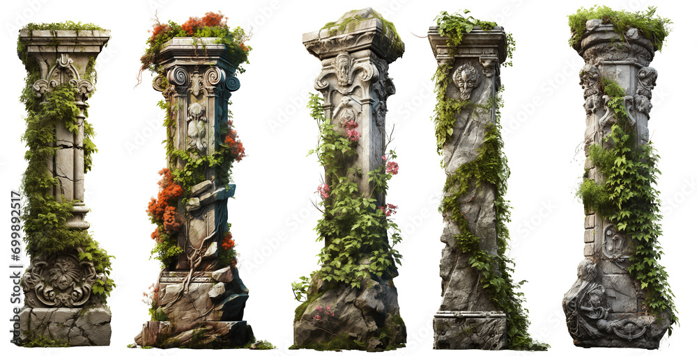 An antique column set with overgrown foliage and flowers, old ...
