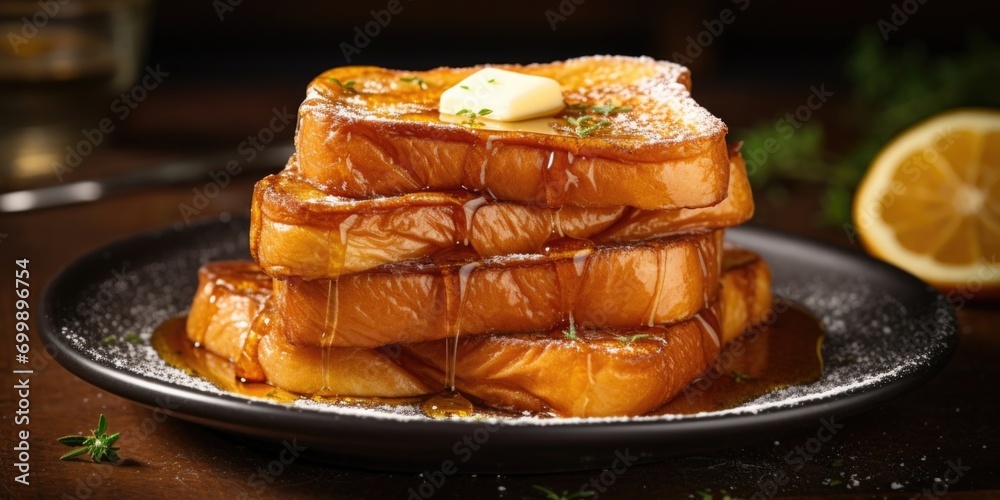 This beautifully composed image showcases a classic French toast dish ...