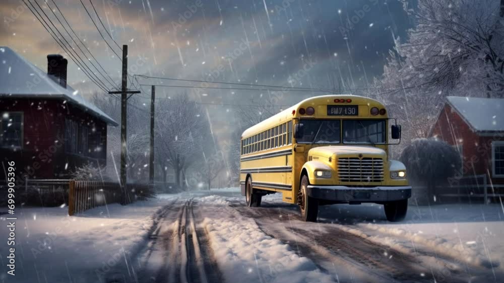 school bus covered in snow during winter, loop video background ...