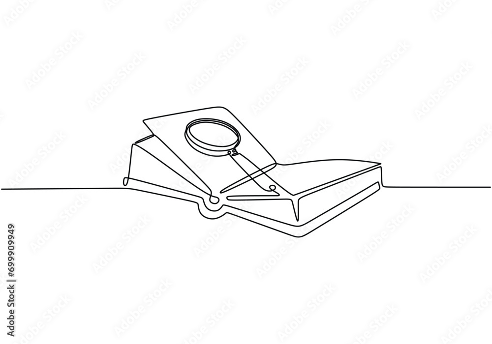 Book with magnifying glass. Continuous line drawing. One single line ...