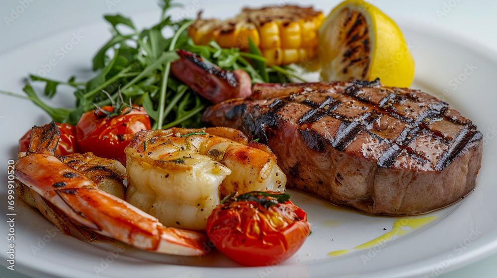 Front view fresh surf and turf with clear white background and ...