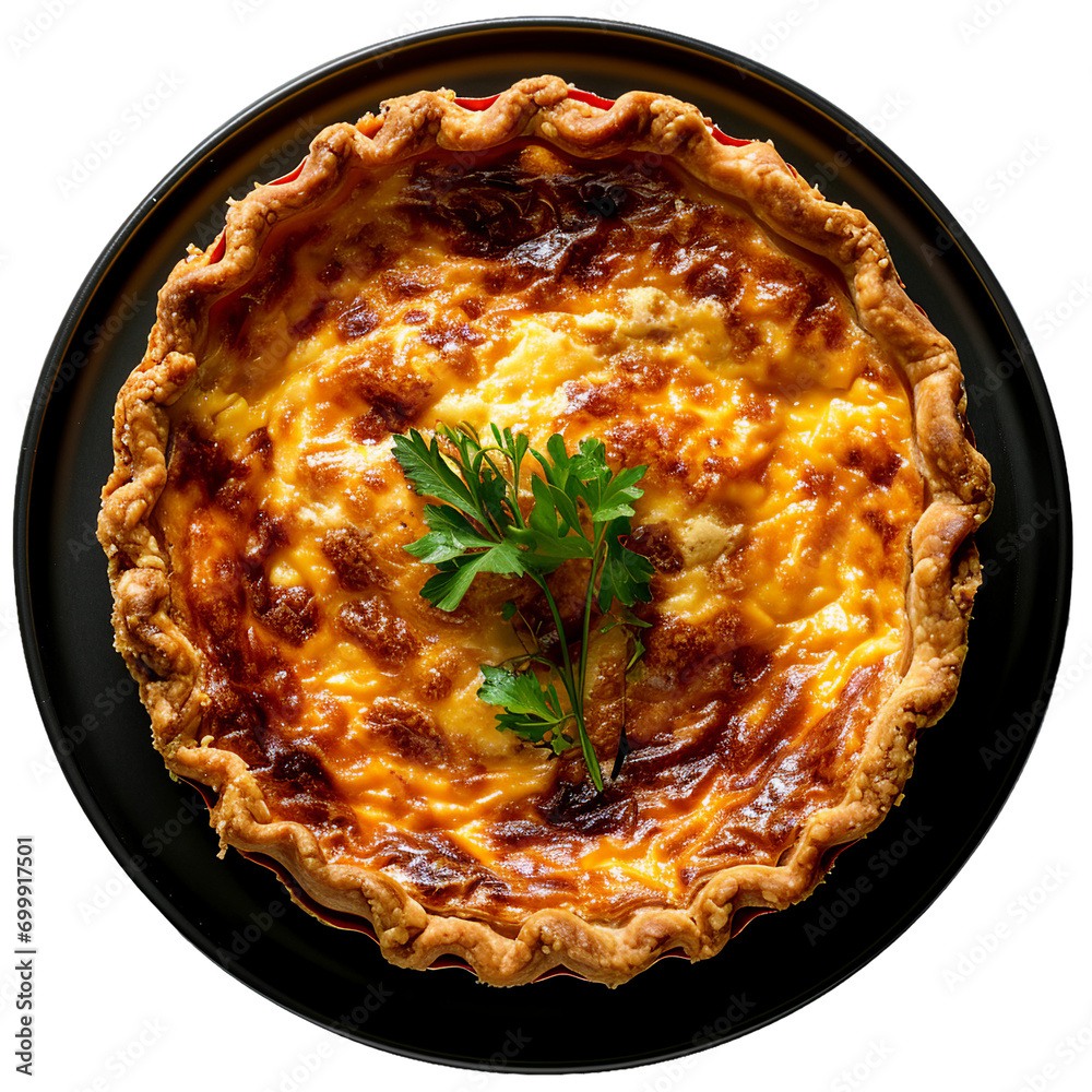 Quiche Lorraine , top view, black plate, transparent background ...