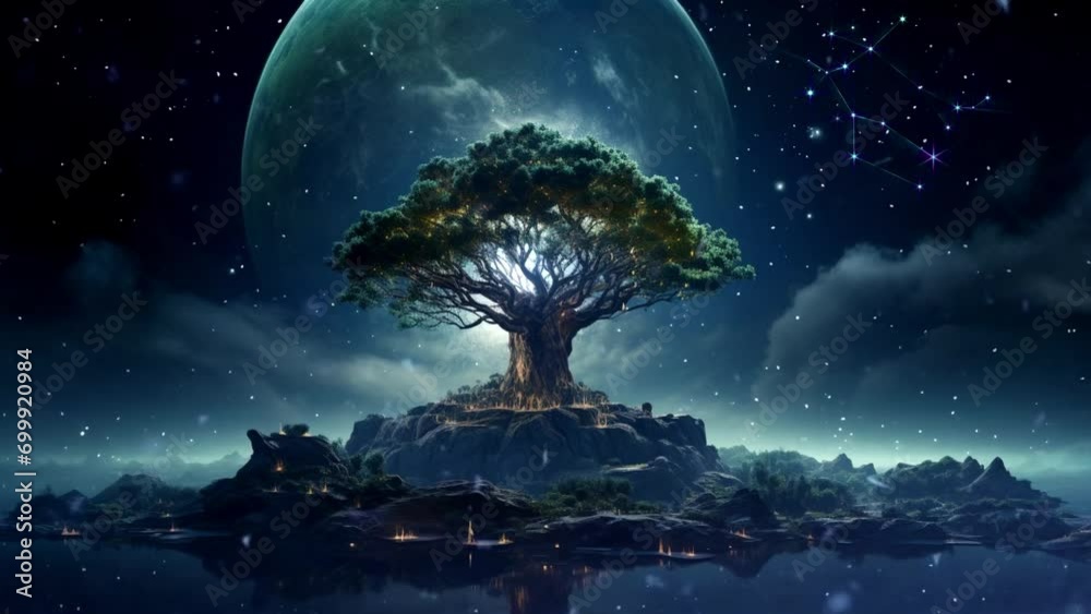 A giant tree growing out of a floating island, with its roots hanging ...