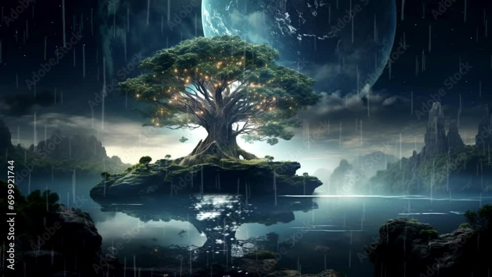 A giant tree growing out of a floating island, with its roots hanging ...