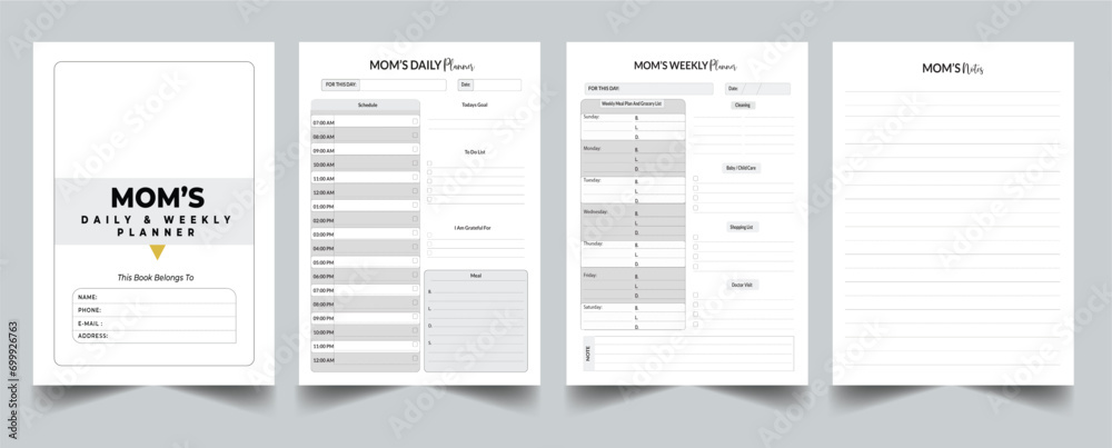 Mom Daily & Weekly Planner with cover page layout design template Stock ...
