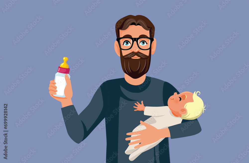 Happy Father Holding his Baby and Formula Bottle Vector Illustration ...
