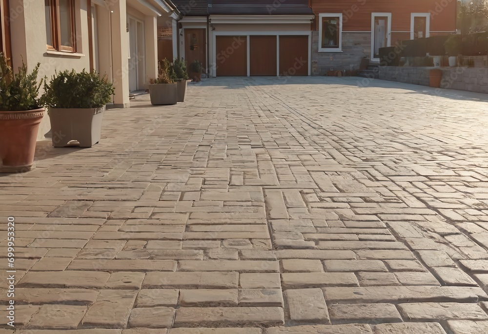 Laying gray concrete paving slabs in house courtyard driveway patio ...