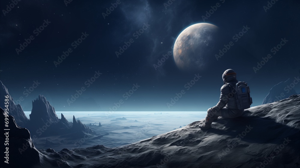 Lone astronaut gazes at Earth from the moon's surface, lost in contemplation of the vastness of ...