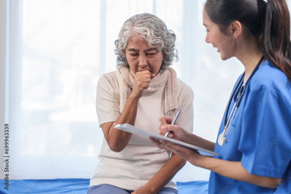 Health check concept, Elderly Asian woman with grey hair, sitting and ...