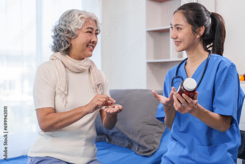 Health check concept, Elderly Asian woman with grey hair, sitting and ...