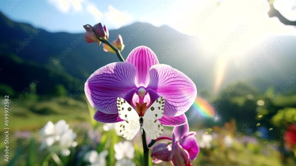 orchid flower with butterfly on field beautiful scenery relaxation ...