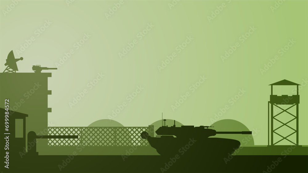 Military base landscape vector illustration. Silhouette of military ...