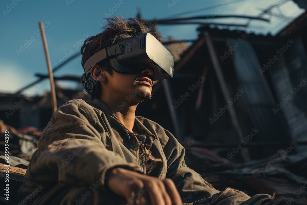 Low angle of homeless person with VR goggles in post apocalyptic city ...