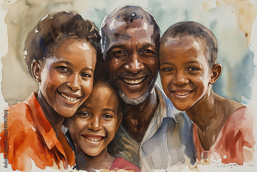 Watercolor portrait of a happy black family, radiating joy and unity ...