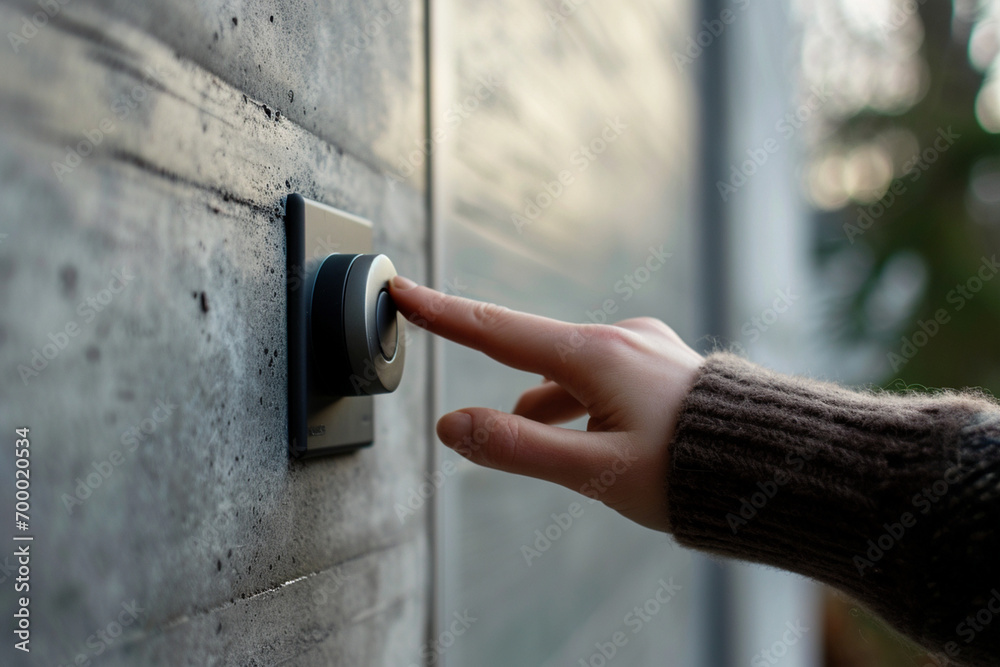 captivating photo capturing the moment of doorbelling, with a hand ...