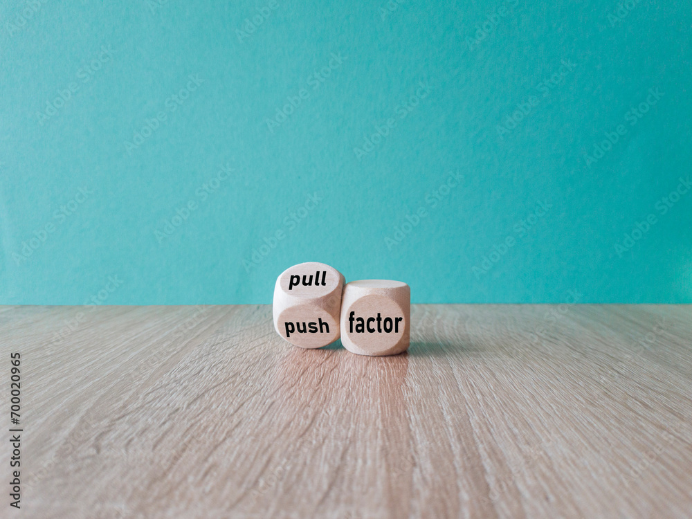 Pull or push factor symbol. Concept word Pull factor and Push factor on wooden cubes. Beautiful ...