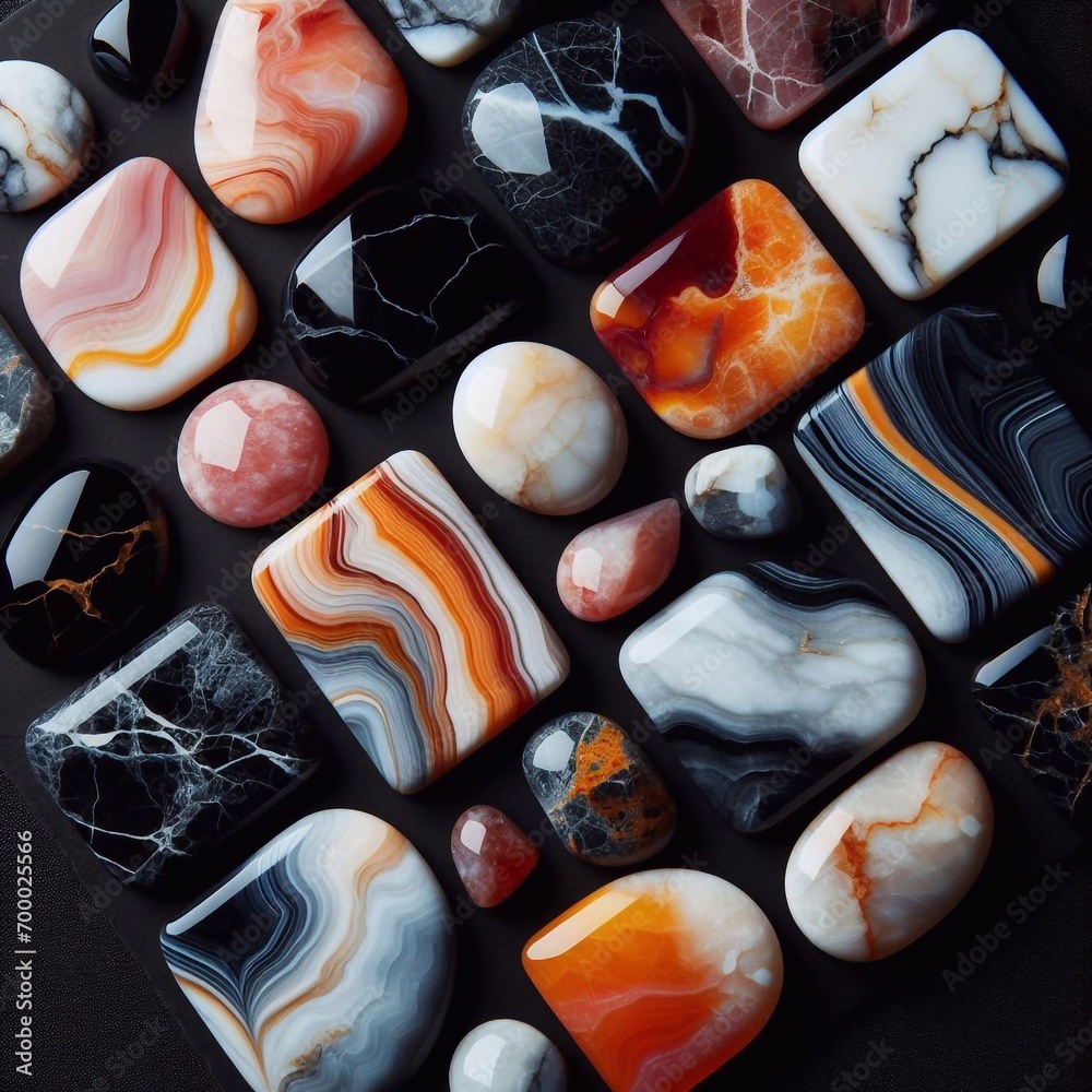 Colorful marble stones in a dark black background. AI generated ...