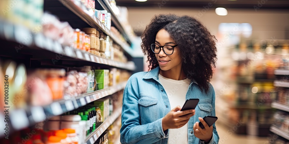 woman comparing products in a grocery store, considering nutrition ...