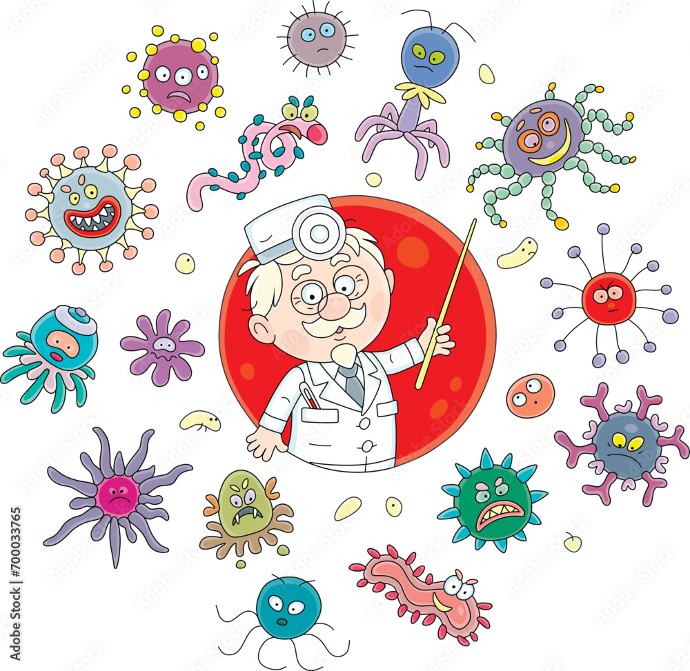 Good old doctor with a pointer surrounded by funny and angry virus and ...