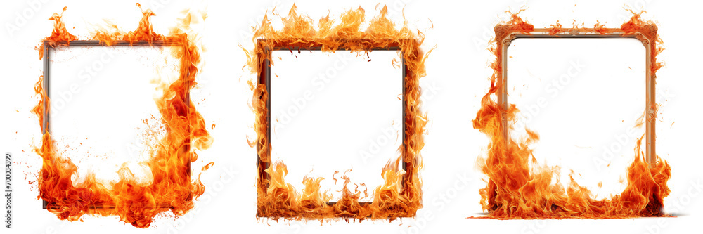 Set of mockup of a burning frame is cut out on a transparent background ...