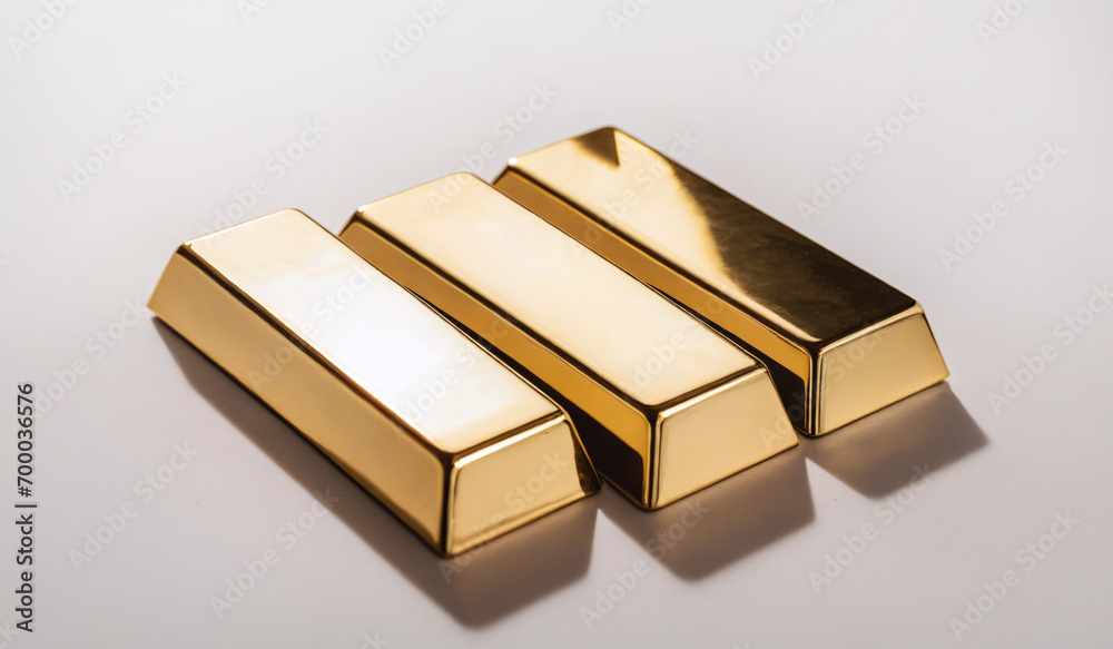 Three gold bars on white isolated background. Gold bullion stack. Set of gold bars. Illustration ...