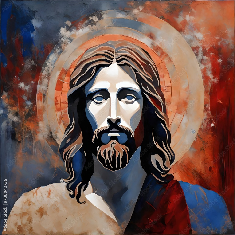 portrait painting of jesus made of red, blue shades Stock Illustration ...