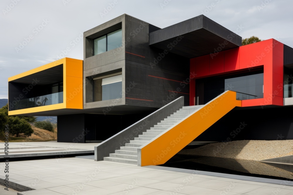 Architectural contrast of modern structures with dark concrete and bold ...