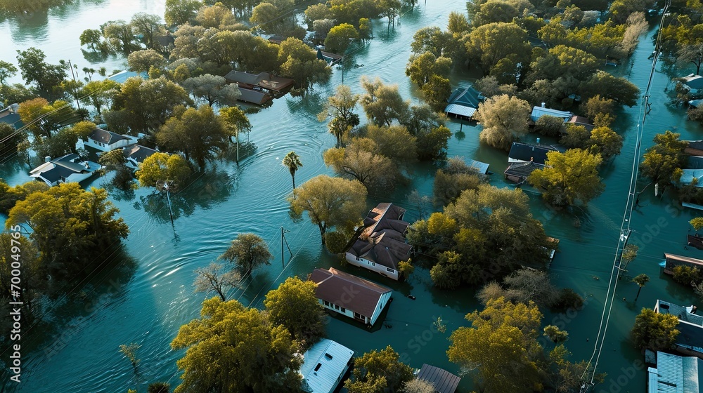 A drone shot overlooking a residential area completely submerged, with ...