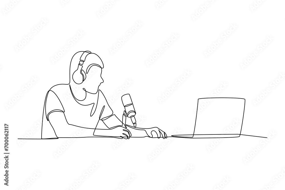 One continuous line drawing of Recording audio podcast or online show ...