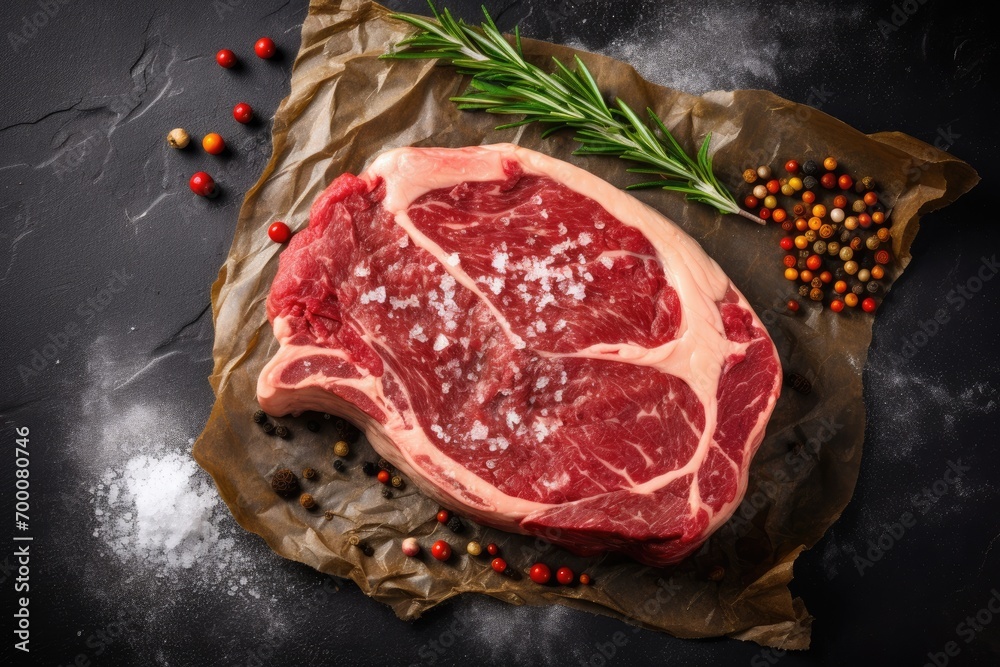Prime rib eye on the bone with seasonings on a stone background, viewed ...
