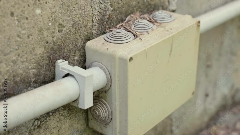 Plastic power supply box with two cables installed on the outer house ...