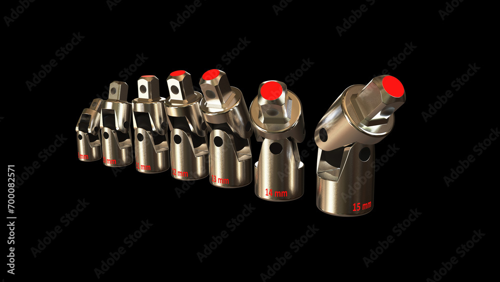 Set of cardan joints for socket heads. Transparent background. 3D ...