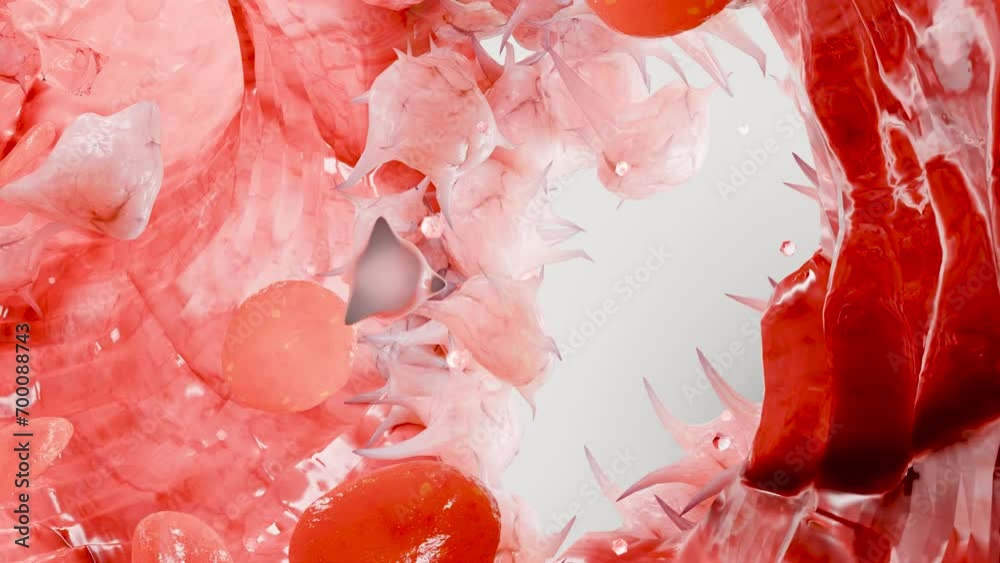 Hemostasis. Red blood cells and platelets in the blood vessel ...