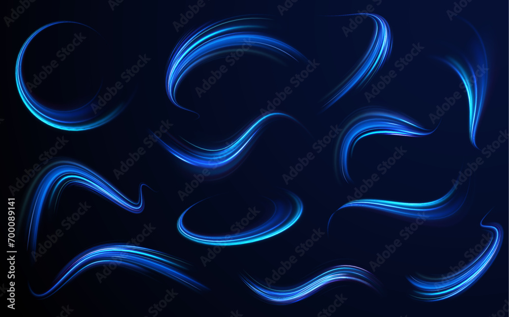 Blue glowing shiny lines effect vector background. Luminous white lines ...