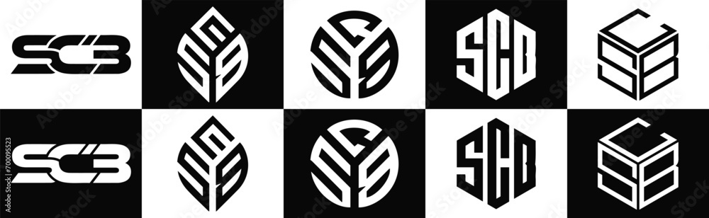 SCB letter logo design in five style. SCB polygon, circle, triangle ...